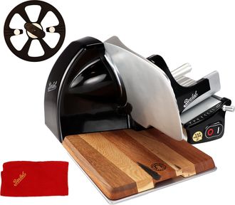 Berkel Aufschnittmaschine Home Line 200 Plus in schwarz - K&uuml;chenschneidemaschine inkl. Messerabnehmer und handgefertigtem Fassholzbrett Unikat