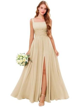 Generic Robe de demoiselle dhonneur en mousseline de soie plissée à col carré avec poches pour femme - Robe de soirée formelle trapèze avec fente, champagne, 