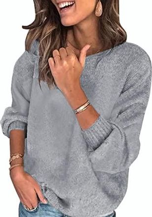 Heekpek Pull Femme Chic Chaud Pas Cher Rayé Ample Mode Pullover Col Rond Hauts Manche Longue Pull Femme Hiver Pull Tricoté, uni Gris, Taille XL