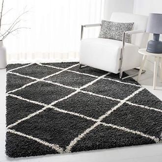 Safavieh Zottelig Teppich für Wohnzimmer, Esszimmer, Schlafzimmer - Hudson Shag Collection, Hoher Flor, Dunkelgrau und Elfenbein, 155 X 229 cm