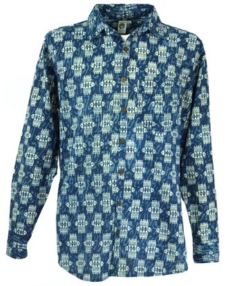 Guru Shop Freizeithemd, Goa Boho Hemd, Langarm Herrenhemd mit Afrikanischem Druck - Indigo, Baumwolle, Size:S