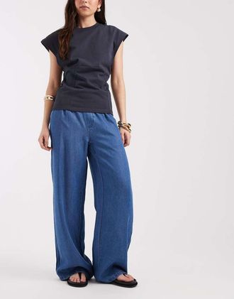 Object Weit geschnittene Hose aus Denim-Chambray in Mittelblau