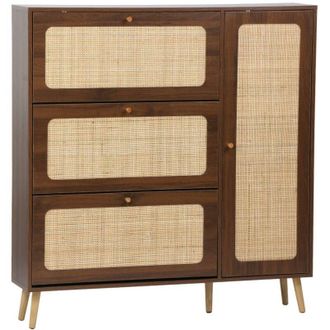Sweeek Meuble à chaussure cannage Bohème noyer. 3 tiroirs. 1 porte. 21 paires. 120 x 24 x 125 cm