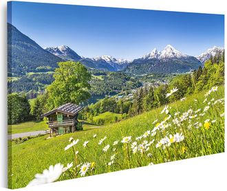 Islandburner Bild auf Leinwand Berghütte mit Blumen und Alpenpanorama im Frühling Bilder Wandbilder Poster