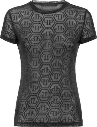 Philipp Plein Femme, Tops, Noir, Taille: 38 FR Tulle Pure Fit T-Shirt Monogram Strass