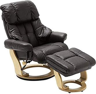 Robas Lund Relaxsessel Calgary mit Hocker, bis 130 kg belastbar, drehbarer Fernsehsessel mit Liegefunktion, Echtleder braun, Gestell Holz natur