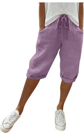 Generic Short d&eacute;t&eacute; d&eacute;contract&eacute; en Coton et Lin avec Cordon de Serrage &agrave; la Taille Poches pour Femme randonn&eacute;e Longueur Genou V&ecirc;tement d&eacute;tente Haute