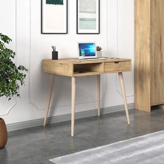 Hanah Home Stylish Study Desk with Wall-Mount Option, Oak & Wood Finish, 90 x 80 x 60 cm | 100% Melamine Coated, 18 mm Thick, Multiple Shelves for Organization