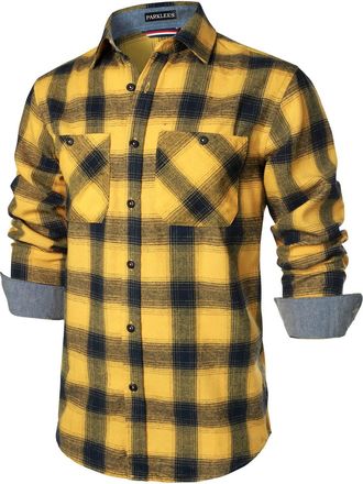 PARKLEES Herren-Fleece-Hemd, klassisch, stilvoll, normale Passform, l&auml;ssig, lang&auml;rmelig, Knopfleiste, kariert, mit Tasche, gelb, XXL