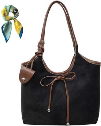 Generic Women Simple Commute Underarm Suede Purse with Bow,Brown Slouchy Hobo Shoulder Bags,Trendy Fall Tote Bag Work Daily (Black)