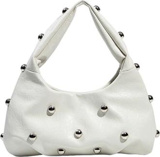 Jamron Femme Métallique Cuir Synthétique Sac Hobo Sac Fourre-tout Clouté SN0705220 Blanc
