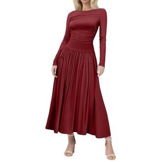 Generic Robes amincissantes 2026 pour femmes, robe maxi printemps 2025 &agrave; manches longues, col rond, tricot&eacute;e, d&eacute;contract&eacute;e, pliss&eacute;e avec poches, Rouge, XXL