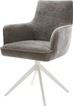 DELIFE Esszimmerstuhl Heira-Flex mit Armlehnen Kreuzgestell breit Wei&szlig; Boucl&eacute; Soft Schlamm 360&deg; drehbar Wippfunktion Taschenfederkern