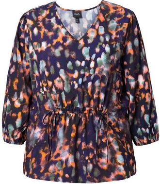 Ulla Popken Longbluse Bluse gemustert Raffband V-Ausschnitt 3/4-Arm