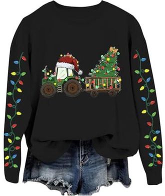Generic Sweat-shirt de No&euml;l pour femme avec imprim&eacute; sapin de No&euml;l et col rond - Cardigan tendance &agrave; manches longues, Noir, XXL