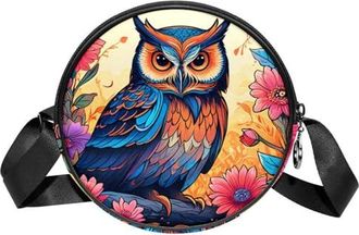 Generic Sac &agrave; bandouli&egrave;re rond pour femme, motif hibou color&eacute; avec fermeture &eacute;clair, bretelles r&eacute;glables, sac &agrave; main rond d&eacute;contract&eacute; pour femmes et filles
