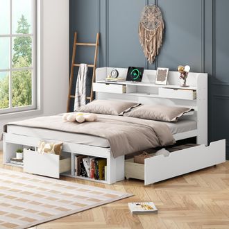 Myboo Kinderbett Doppelbett 180x200, Stauraumbett Funktionsbett mit USB-Port & Schubladen & Stauschrank, Multifunktionales Bett Jugendbett mit Großer Staura