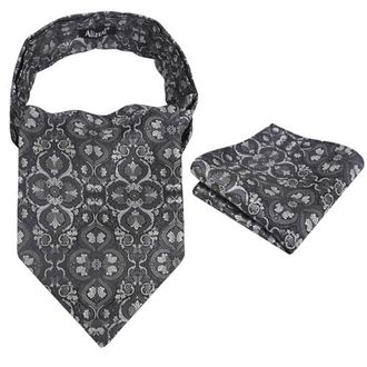 Alizeal Ascot Ensemble cravate pour homme Motif floral r&eacute;tro pour banquet et carr&eacute; de poche, Noir + gris + blanc, taille unique