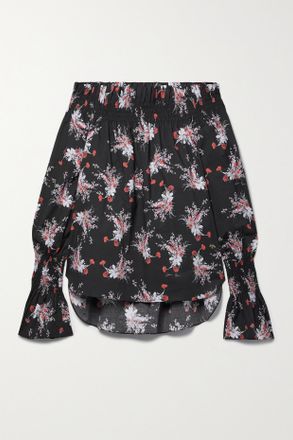 Adam Lippes Haut Épaules Nues En Popeline De Coton Stretch À Imprimé Fleuri Et À Smocks - Noir