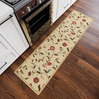 Ottomanson Tapis de couloir collection Ottohome dos en caoutchouc motif feuilles style contemporain 57 cm x 210 cm beige