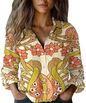 Generico Chemise Femme d&Eacute;t&eacute; D&eacute;contract&eacute; &agrave; Manches Longues Chemises Coton Et Lin &Eacute;l&eacute;gant Respirant Blouse Col en V L&eacute;ger T Shirt Vintage Imprim&eacute; avec Boutons Mo