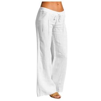 Generic Pantalon d&eacute;t&eacute; Palazzo en lin pour femme - Jambes larges - Pantalon fluide - Style boh&egrave;me - Vacances - Taille &eacute;lastique - Grande taille - Avec poches, 