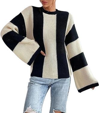 Generic Pull pour femme en tricot à col rond et manches courtes - Sweat-shirt pour femme - Doux et solide - Pull long pour femme - Pull de Noël - Robe pull, b