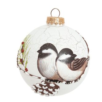 Krebs Glas Lauscha Weihnachtsdekoration/Christbaumschmuck aus Glas - Kugel mit Vogelpaar - Farbe: Wei&szlig; - Gr&ouml;&szlig;e: ca. 10 cm