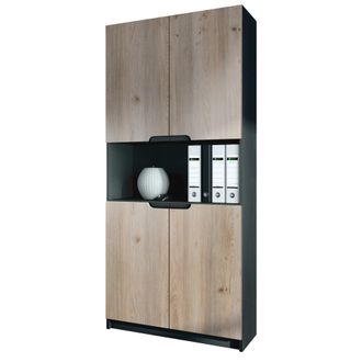Vladon Büroschrank Logan V2, Made in Germany, Aktenschrank mit 5 Fächern und 4 Türen, Schwarz matt/Eiche Nordic (82 x 184 x 37 cm)