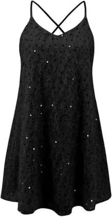Generic Robes d&eacute;t&eacute; longues pour femme, robe &agrave; paillettes, col en V, bretelles spaghetti, dos nu, mini robes de vacances pour femmes, Noir, XXL