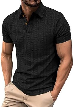 Generic Polo &agrave; manches courtes pour homme - Haut de golf textur&eacute; - Couleur unie - Coupe droite, Polos noirs pour hommes, L
