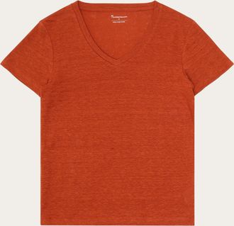 Knowledge Cotton Apparel Damen vegan T-Shirt Leinen V-Ausschnitt Gebrannter Ziegel