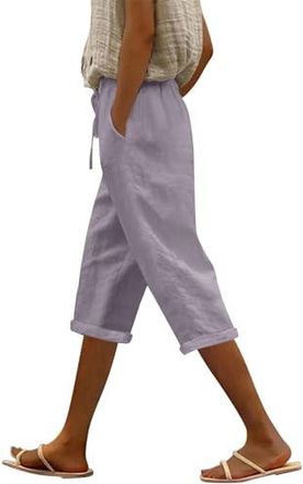 Generic Pantalon en coton et lin pour femme - Jambe large - Pantalon de plage d&eacute;t&eacute; pour femme - Confortable - Pantalon de yoga Palazzo XIYU26012, violet clair