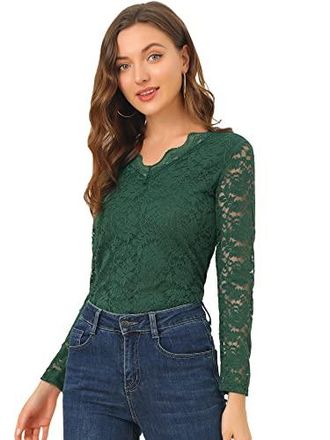 Allegra K Femmes Chemisier Dentelle Florale Col V Manches Longues Dentelle Bordure Festonnée déguisement Costume dhalloween Vert foncé S