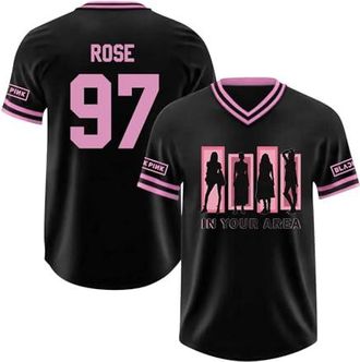 Generic Maillot de Baseball imprim&eacute; Noir et Rose Kpop Lisa Jennie Jisoo Rose, t-Shirt de Baseball Hip-hop &agrave; col en V pour Les Fans de Musique 05-6 S