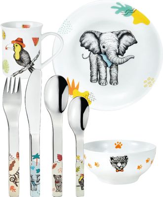 Puresigns Kindergeschirr NATURA - 7-teiliges Kinder-Tafelset aus Porzellan & Edelstahl 18/10 mit Wilde-Tiere-Motiven, inklusive Besteck - Ideales Geschenk zur F