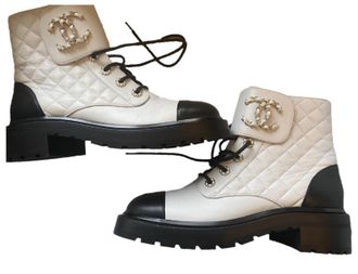 Chanel Quilted White Lace Up Boot Size 40