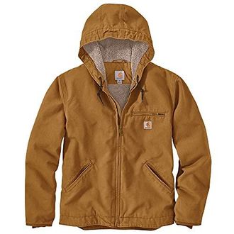 Carhartt Work in Progress Mens Relaxed Fit Washed Duck Sherpa-Lined Jacket, Brown, Large