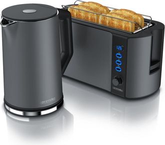 Arendo 2-teiliges Fr&uuml;hst&uuml;cksset - Edelstahl Wasserkocher 1,5l, 4-Scheiben Langschlitz Toaster, Grau - Arendo