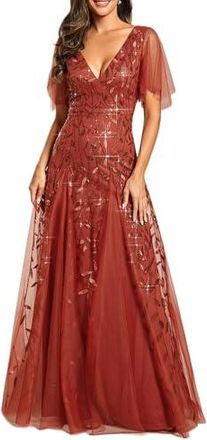 Ever-pretty Robe Ceremonie Femme Longue Élégante Manches Courtes Tulle Paillettes de Feuilles Orange Caramel 52