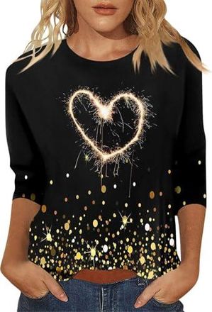 Generic Hauts de Saint-Valentin pour femme - T-shirt imprimé coeur damour - Tunique à manches 3/4 - Chemisier dété décontracté - Col rond - T-shirt décontract