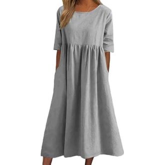 Generic Robe longue d&eacute;t&eacute; d&eacute;contract&eacute;e &agrave; manches mi-longues et col rond en lin avec poches pour femme, gris clair, 4XL