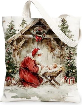 Generic Sac fourre-tout vintage en toile de No&euml;l, motif sc&egrave;ne de vacances, sac d&eacute;picerie r&eacute;utilisable, l&eacute;ger et lavable avec bandouli&egrave;re en toile, blanc, 13x1