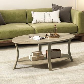 Costway GOPLUS Table Basse Ovale Salon, Table de Salon en Bois de Caoutchouc avec &Eacute;tag&egrave;re de Rangement Ouverte, 2 Niveaux pour Bureau, Salle de R&eacute;ception, Cha