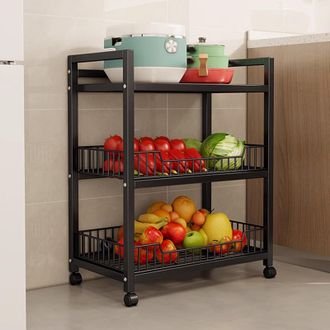 Generic Offenes K&uuml;chenregal mit Atmungsaktivem Netzkorb, Snackregal Aus Metall mit Universalrollen for Wohnzimmer, Esszimmer, Balkon