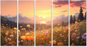 Islandburner Bild auf Leinwand Wildblumenwiese Goldene Stunde Foto Realistisch Wiese Wildblumen Sonnenuntergang Bilder Wandbilder Poster