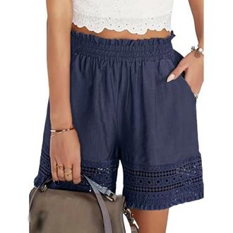 Generic Short &eacute;lastique &agrave; taille haute en dentelle ajour&eacute;e en coton et lin pour femme, confortable et extensible, short d&eacute;t&eacute; &agrave; volants en lin pour la plage, n
