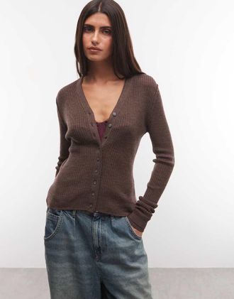 Weekday Merino-Cardigan mit V-Ausschnitt in dunkelbraun meliert