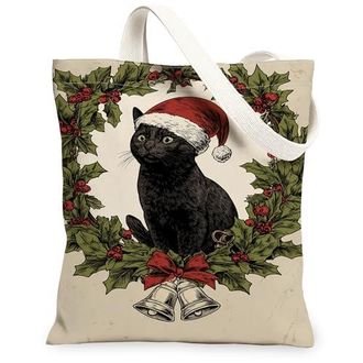 Generic Sacs fourre-tout en toile de vacances, motif chat mignon, sacs &agrave; provisions r&eacute;utilisables, style de No&euml;l vintage, toile l&eacute;g&egrave;re et lavable pour G, Noir
