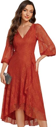 Ever-pretty Elegante Abendkleider Langärmelige Midi Spitzenkleider Cocktailkleider für Frauen Hochzeitsgastkleider Gebranntes Orange 36